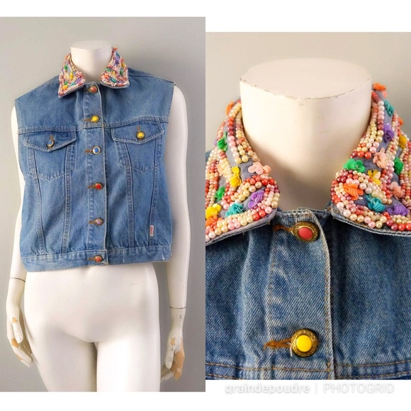 Jou Jou | Jackets & Coats | Vtg 9s Rainbow Sequin Beaded Collar Denim ...